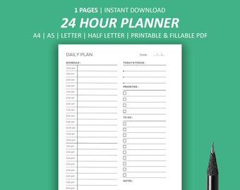 24 Hour Daily Planner Printable Daily to Do List for Work / - Etsy