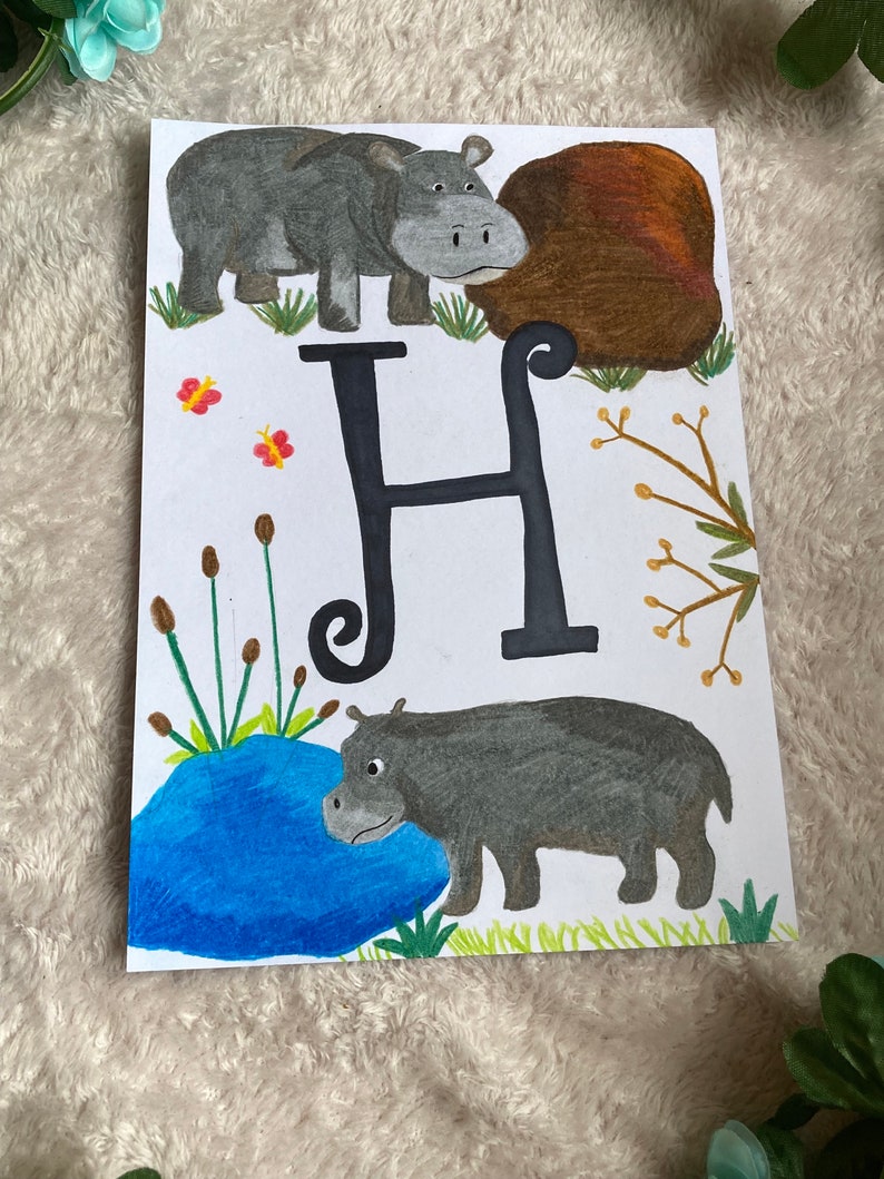 Personalised Initial Print, Letter H Drawing A5, Hippo, Alphabet Poster ...