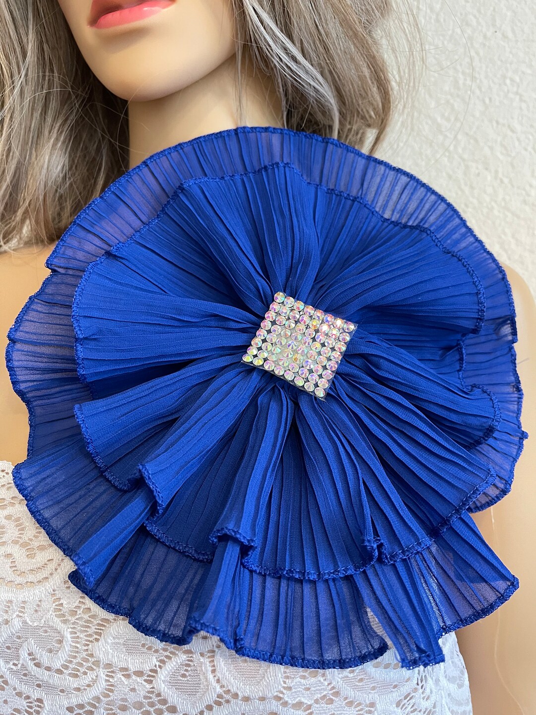 Blue Ruffed Flower Brooch Pin Oversized Large Fabric Flower Brooches ...