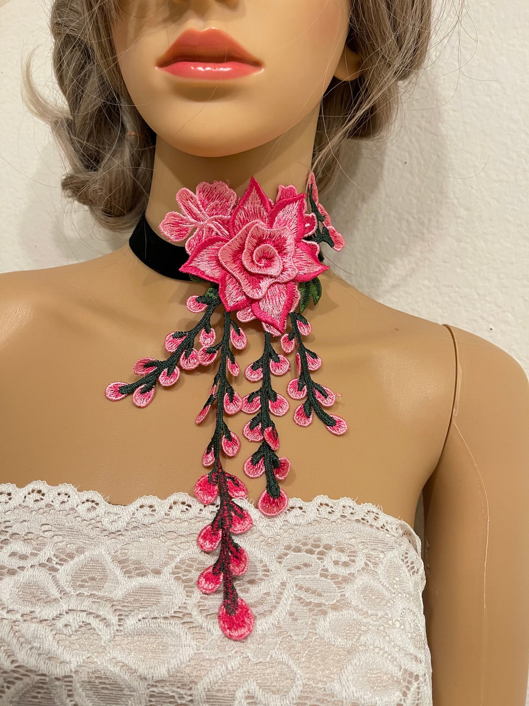 Pink Flower Velvet Choker Necklace Vintage Flower Choker Pink Flower ...