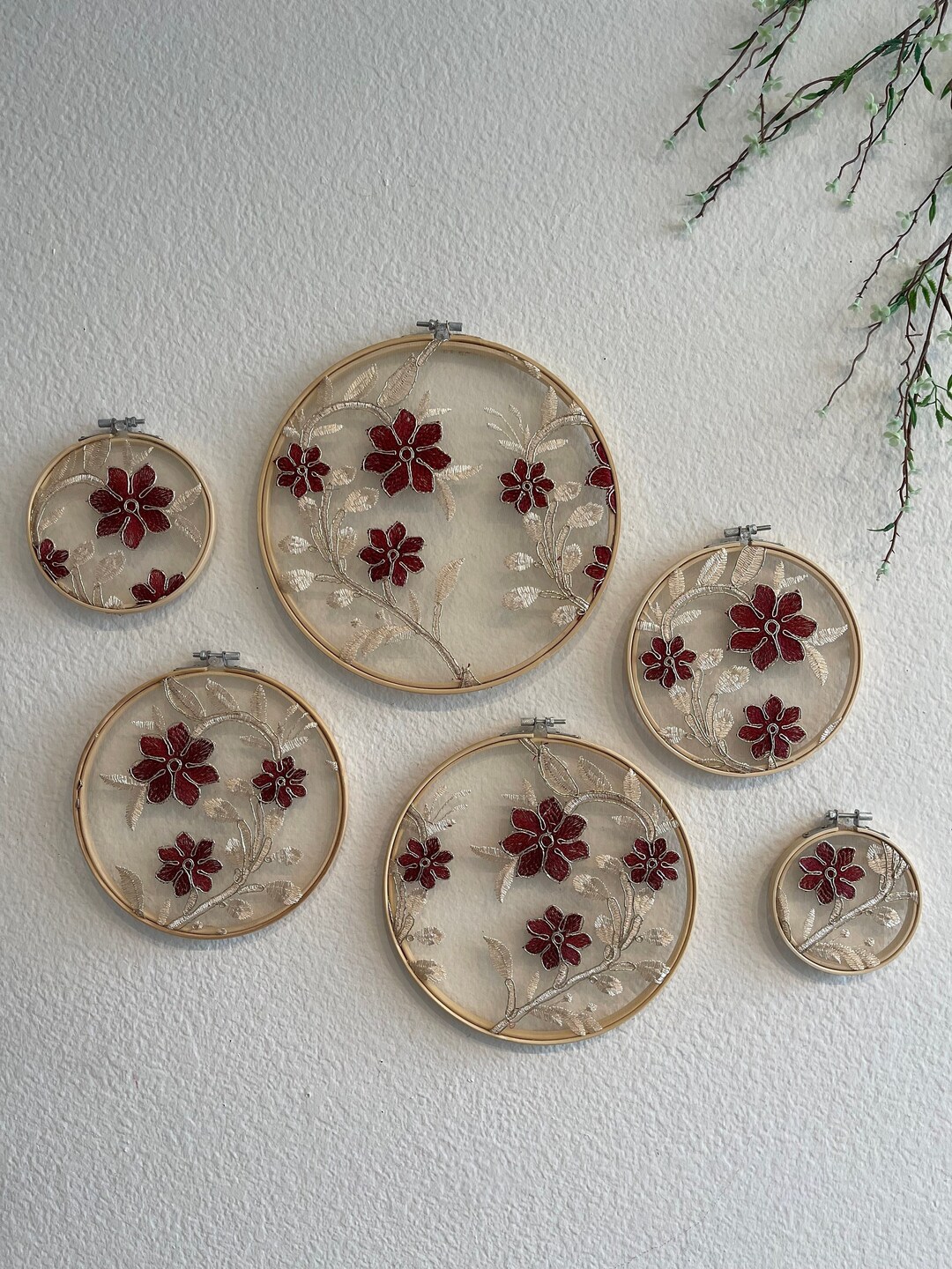 Embroidery Wall Decor Wall Art Burgundy Flower Wall Covering Wall ...