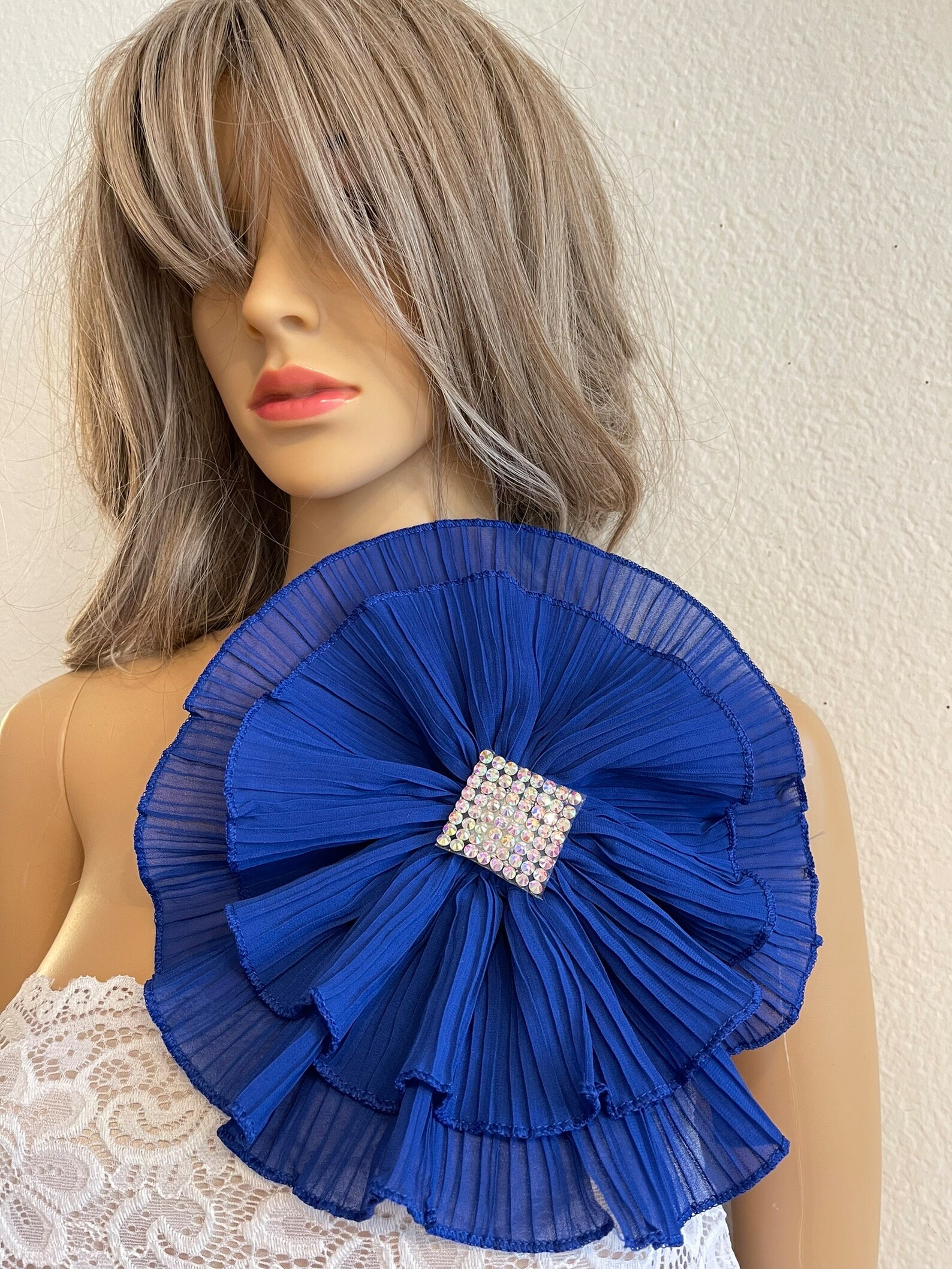 Blue Ruffed Flower Brooch Pin Oversized Large Fabric Flower Brooches ...
