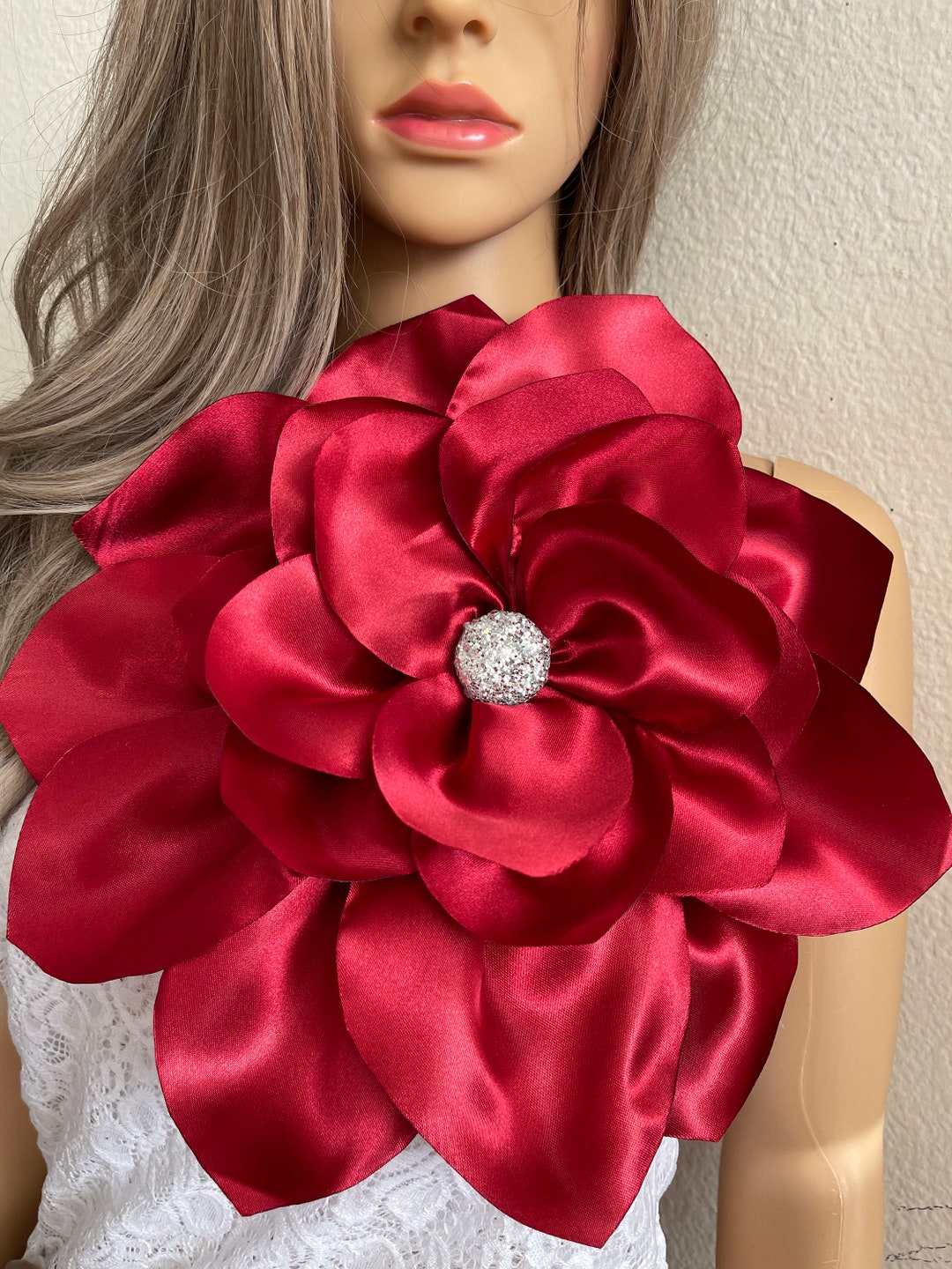 Large Red Party Flower Brooch Pin Red Flower Pin Shoulder Corsage Large ...