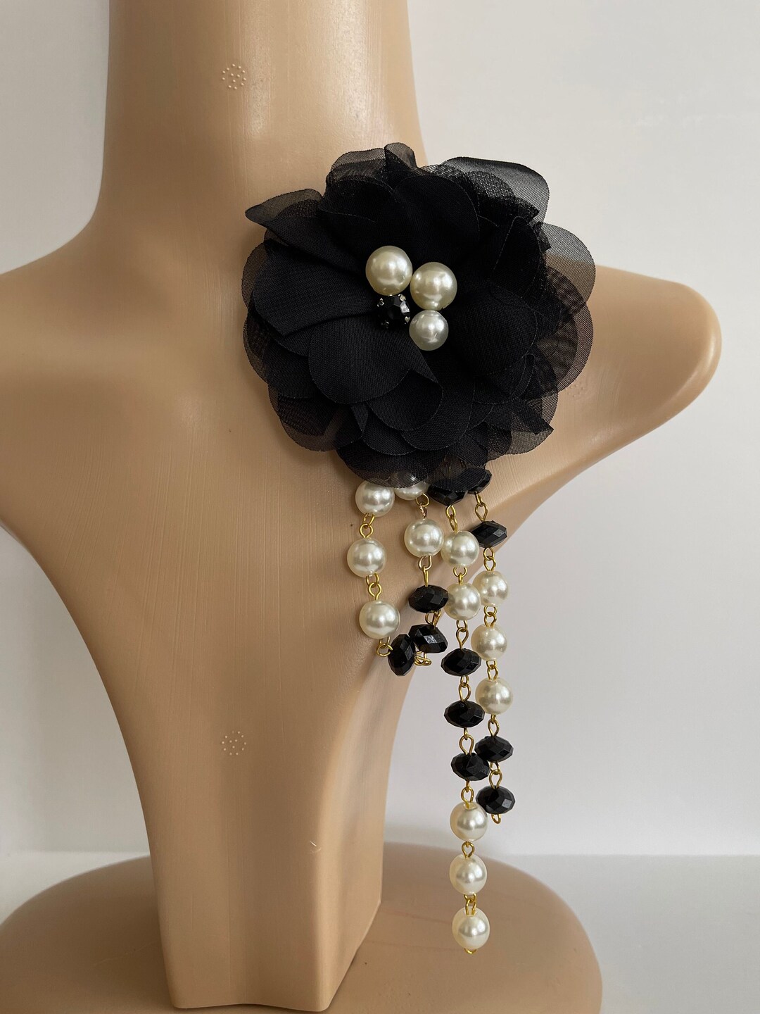 Black Flower Brooch Pin Black Flower Lapel Pin Black Pearl Brooch ...