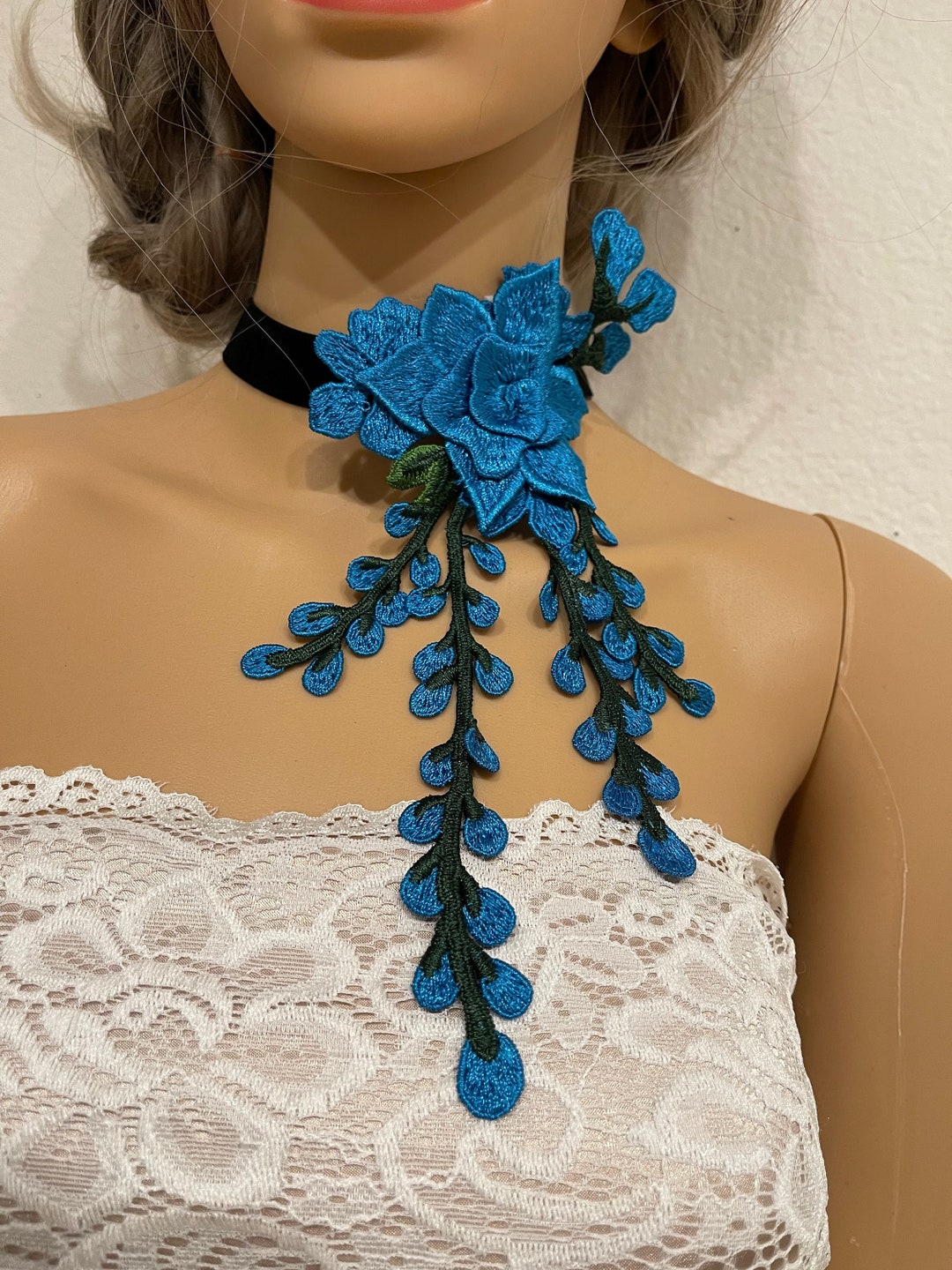 New Embroidery Blue Flower Velvet Choker Blue Flower Velvet Choker ...
