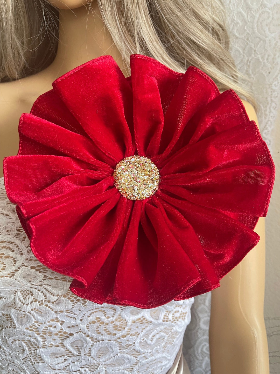 Big Red Velvet Christmas Brooch Pin Red Flower Pin Holiday Brooch Pin ...