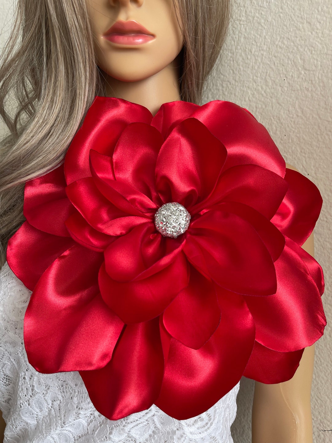 Large Red Flower Brooch Pin Shoulder Corsage Red Flower Pin Large Red ...