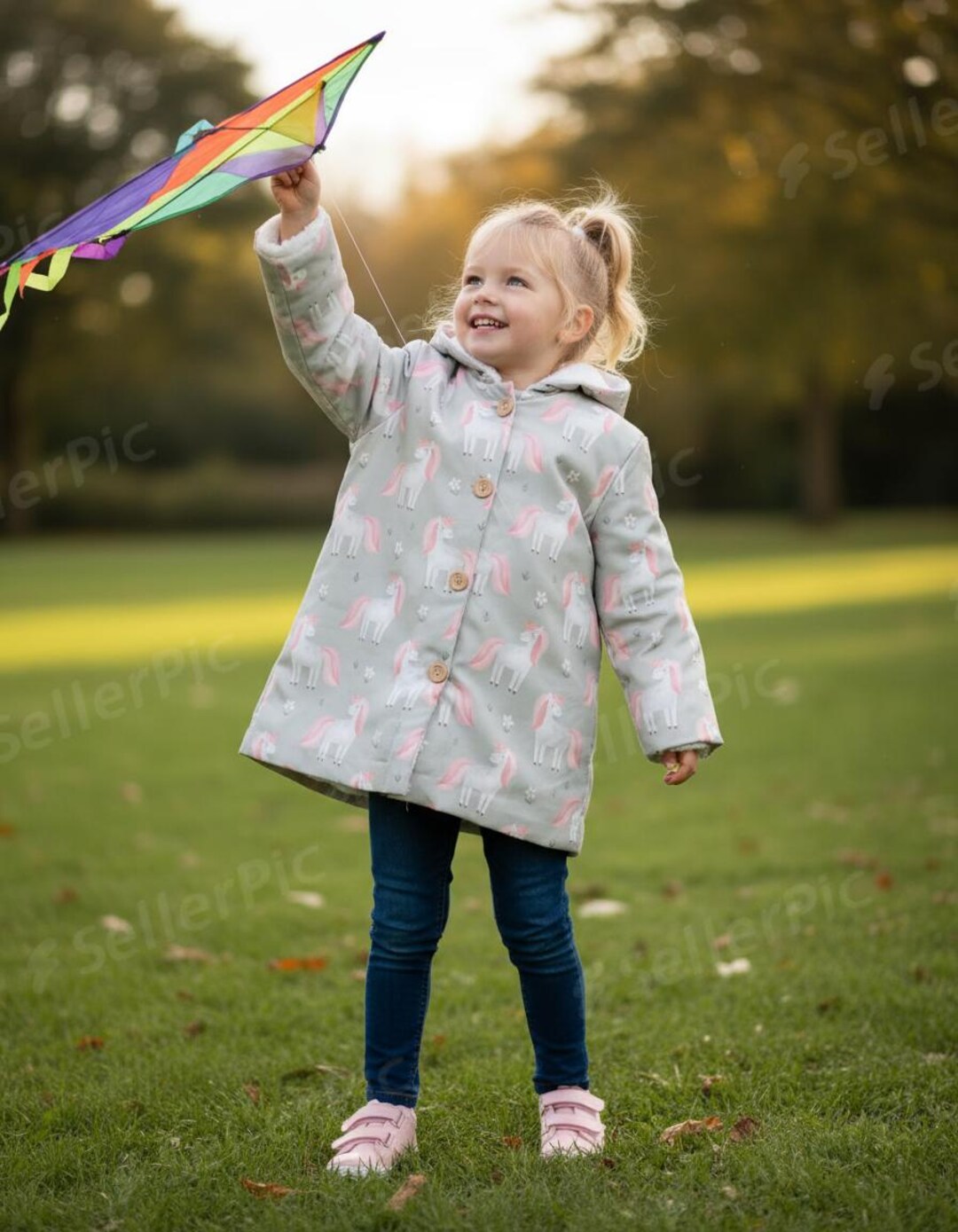 Girls Unicorn Print Winter Parka: Hooded Fur Outfit With Wooden Buttons ...