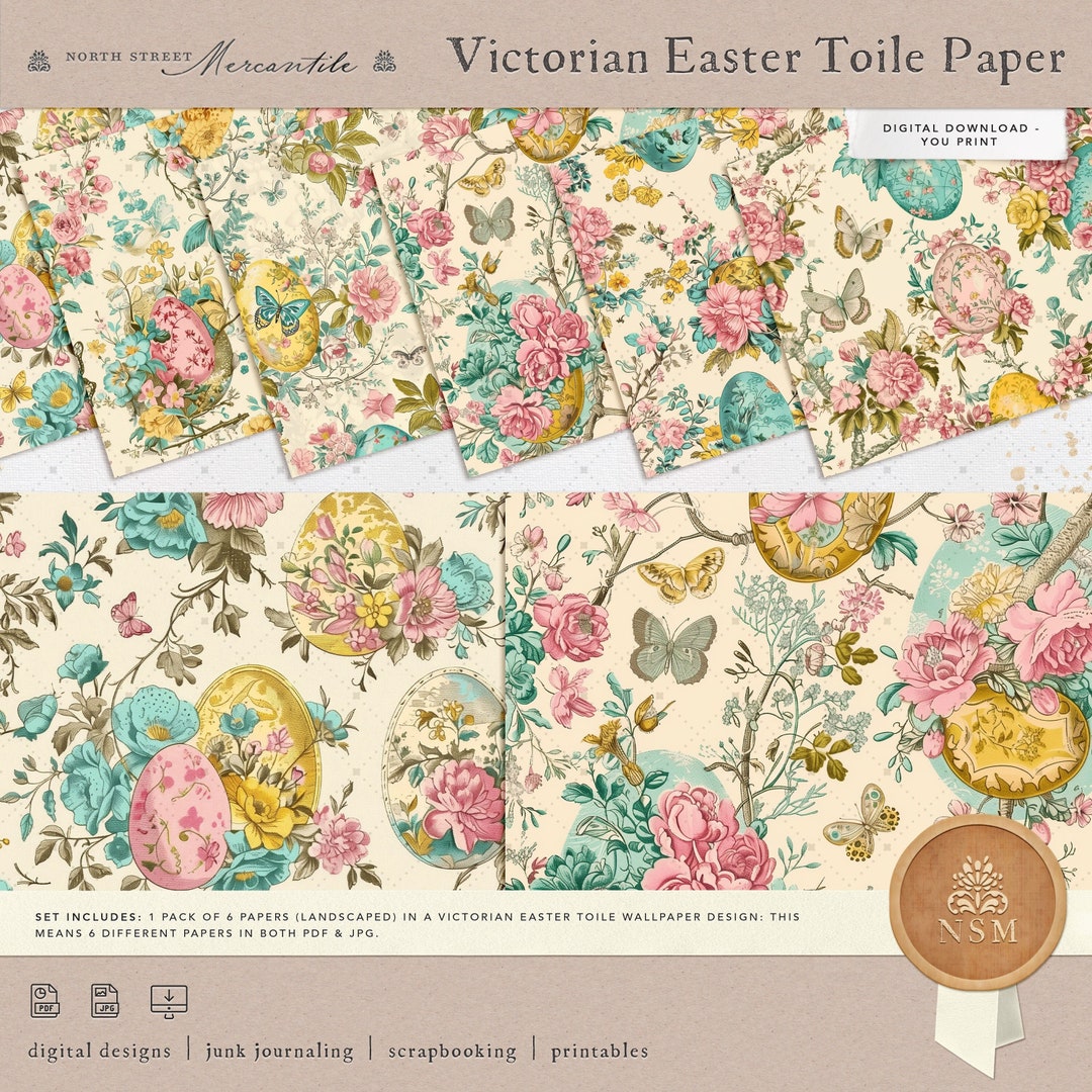 Victorian Easter Toile Papers, Junk Journal, Scrapbook Pages, Floral ...