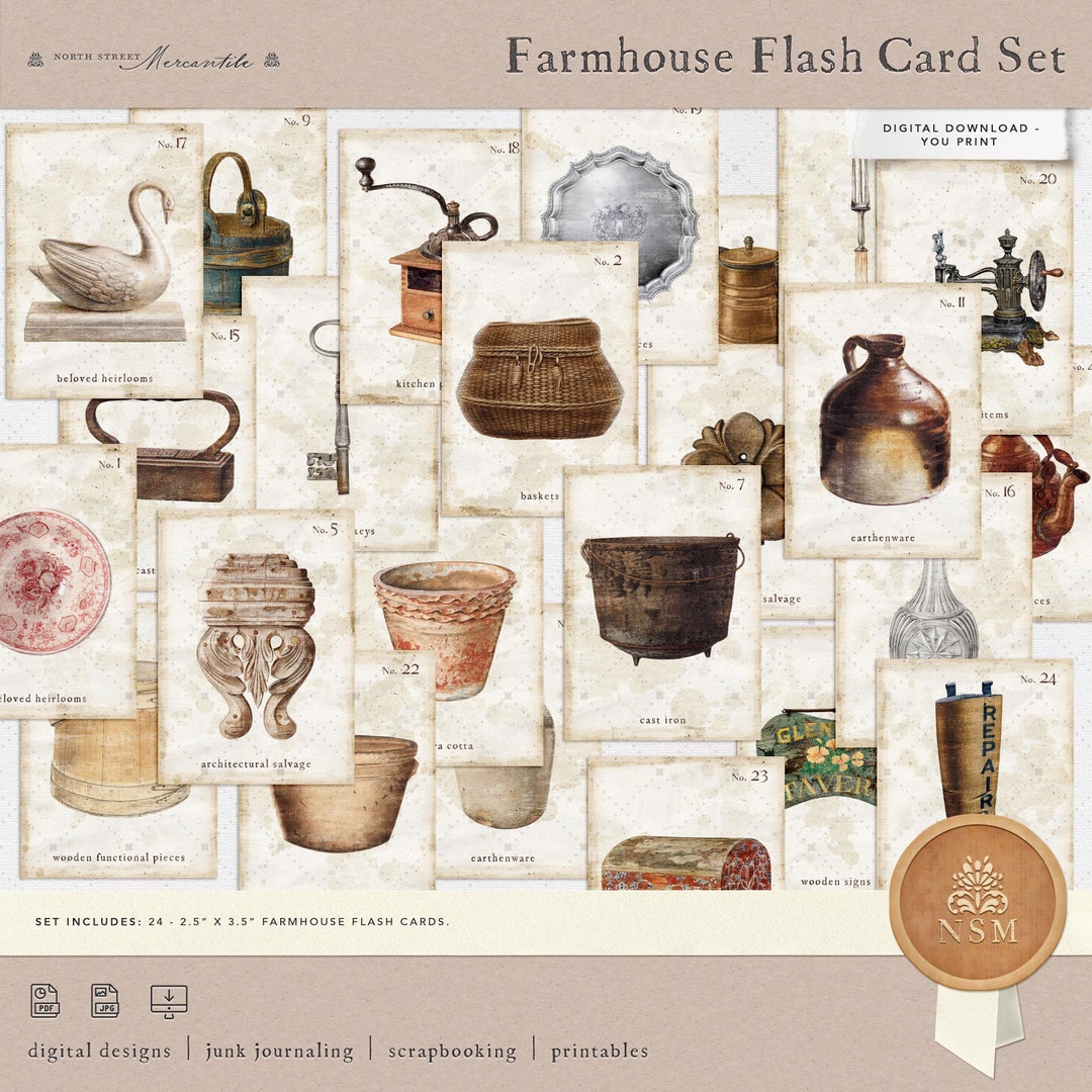 24 Farmhouse Junk Journal Flash Card Set, Antique, Vintage Ephemera ...