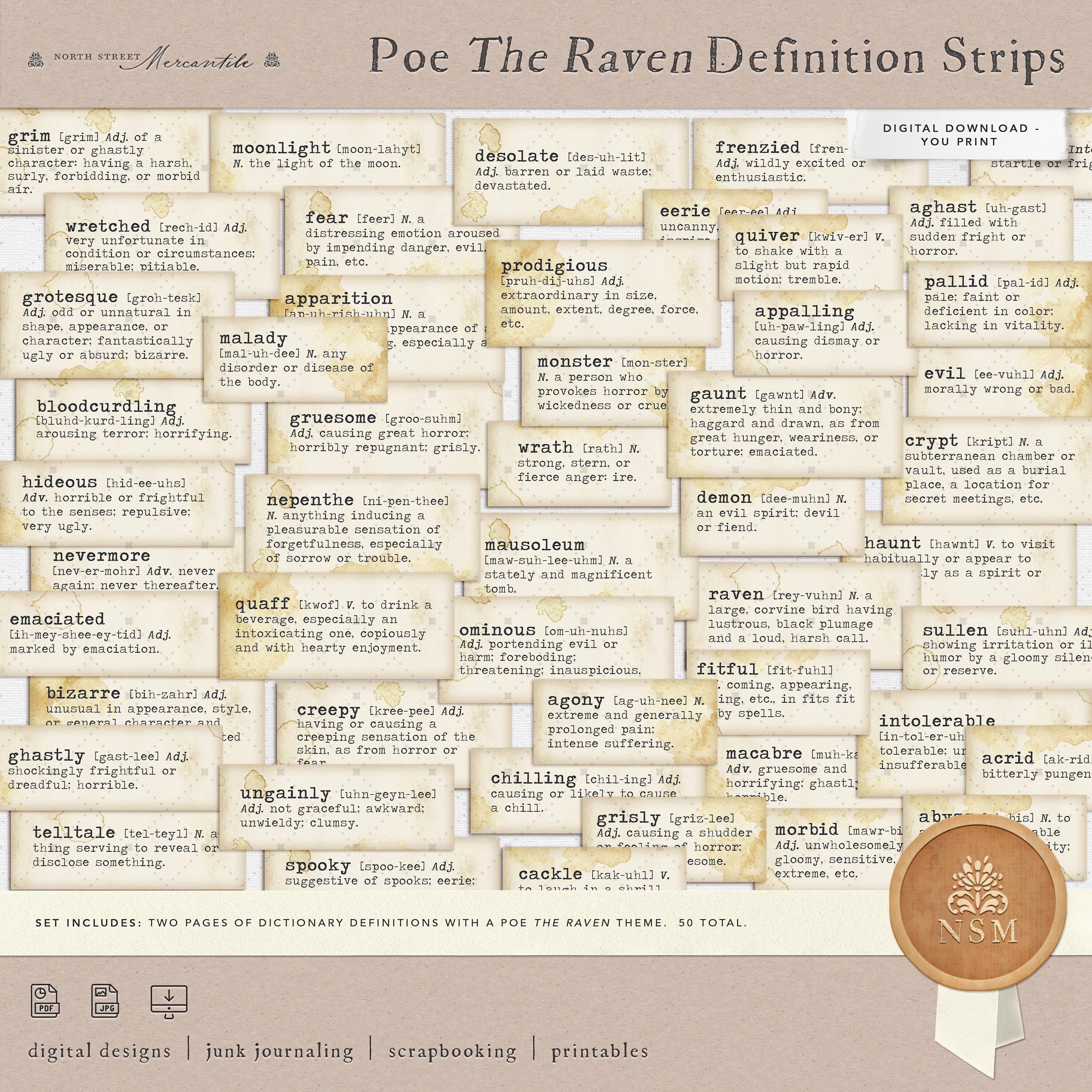Poe the Raven Dictionary Words, Printable Junk Journal Ephemera, Grunge ...