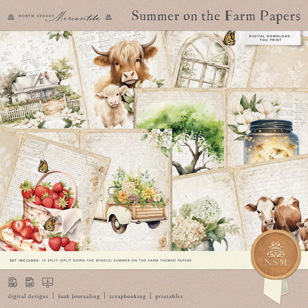 Summer on the Farm Paper Set, Farmhouse, Floral, Junk Journal Kit ...
