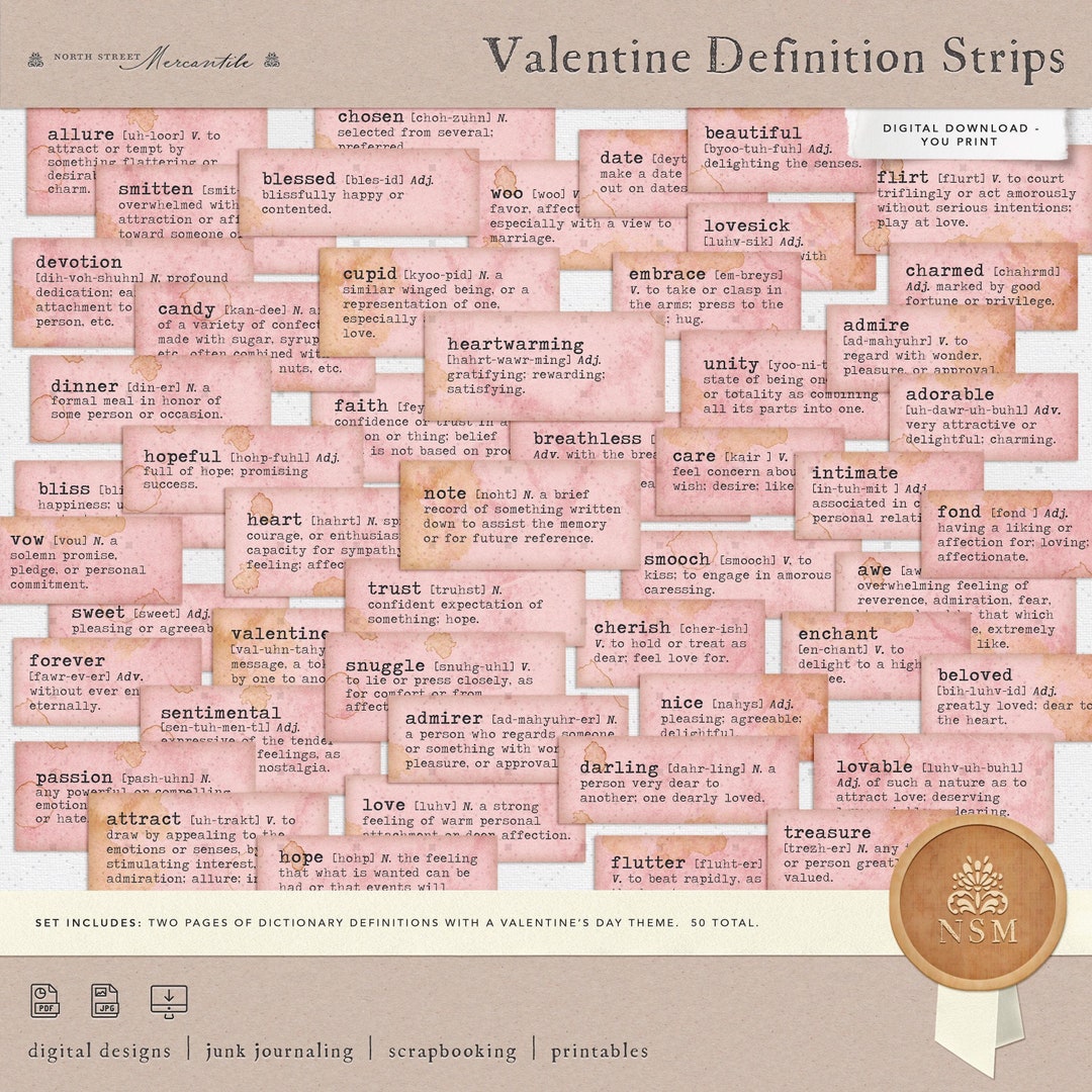 Valentine Dictionary Words, Printable Junk Journal Ephemera, Grunge ...