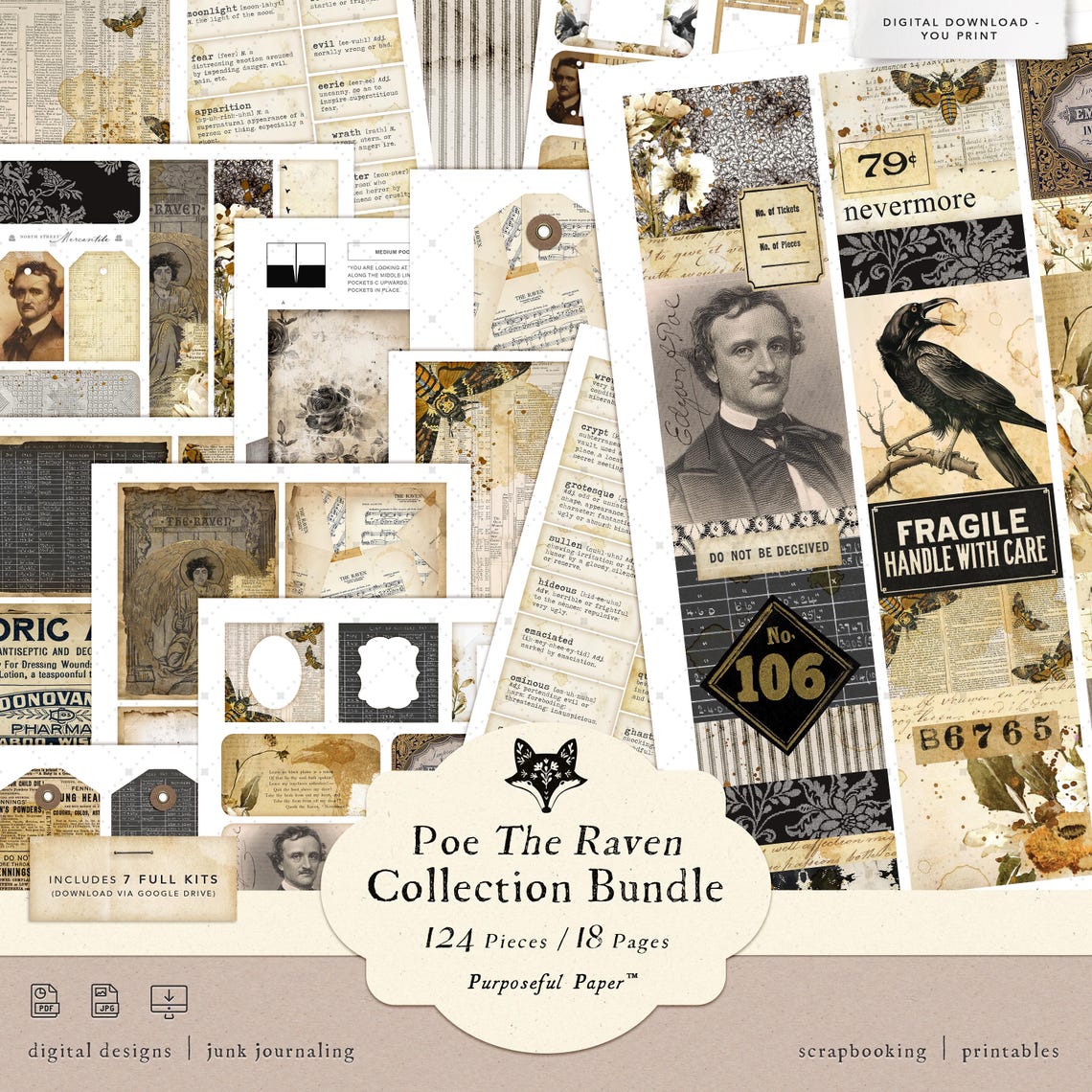 Poe the Raven Collection Bundle | 7 Printable Junk Journal Kits | 124 ...