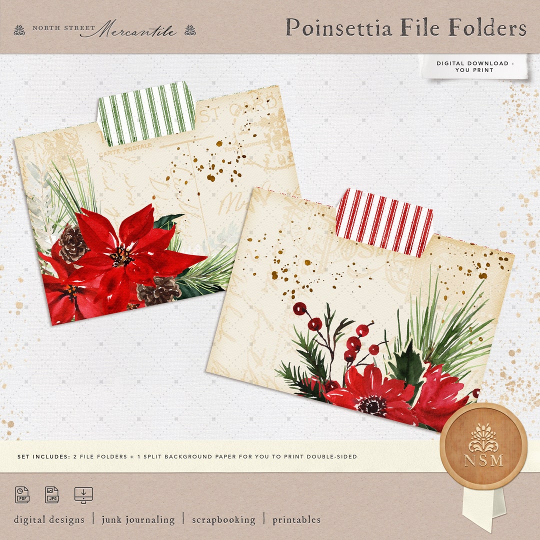 Christmas Poinsettia Mini File Folders, Antique, Ticking Stripe, Junk ...