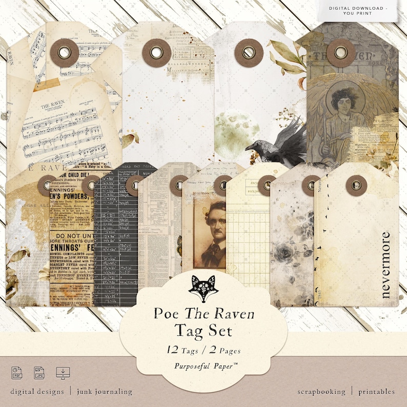 Poe the Raven Tag Set | Printable Vintage Tags for Junk Journals ...