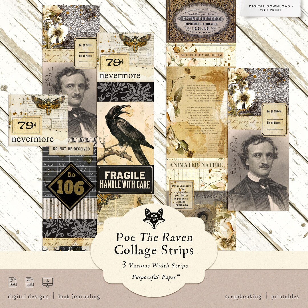 Poe the Raven Junk Journal Collage Strips | Gothic Printable Ephemera ...