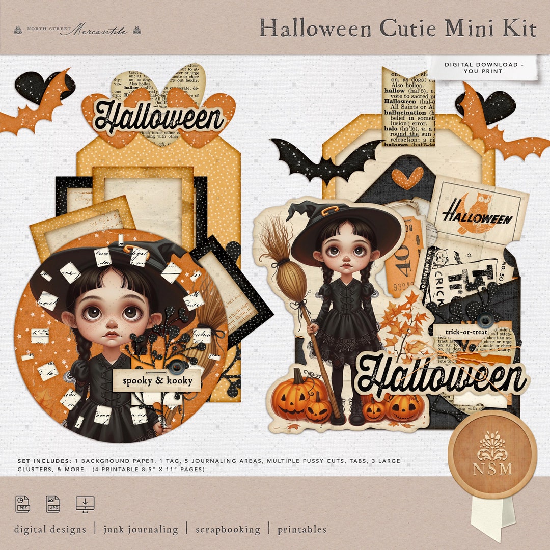 Halloween Cutie Mini Set, Bats and Hearts, Junk Journal Kit, Fussy Cuts ...