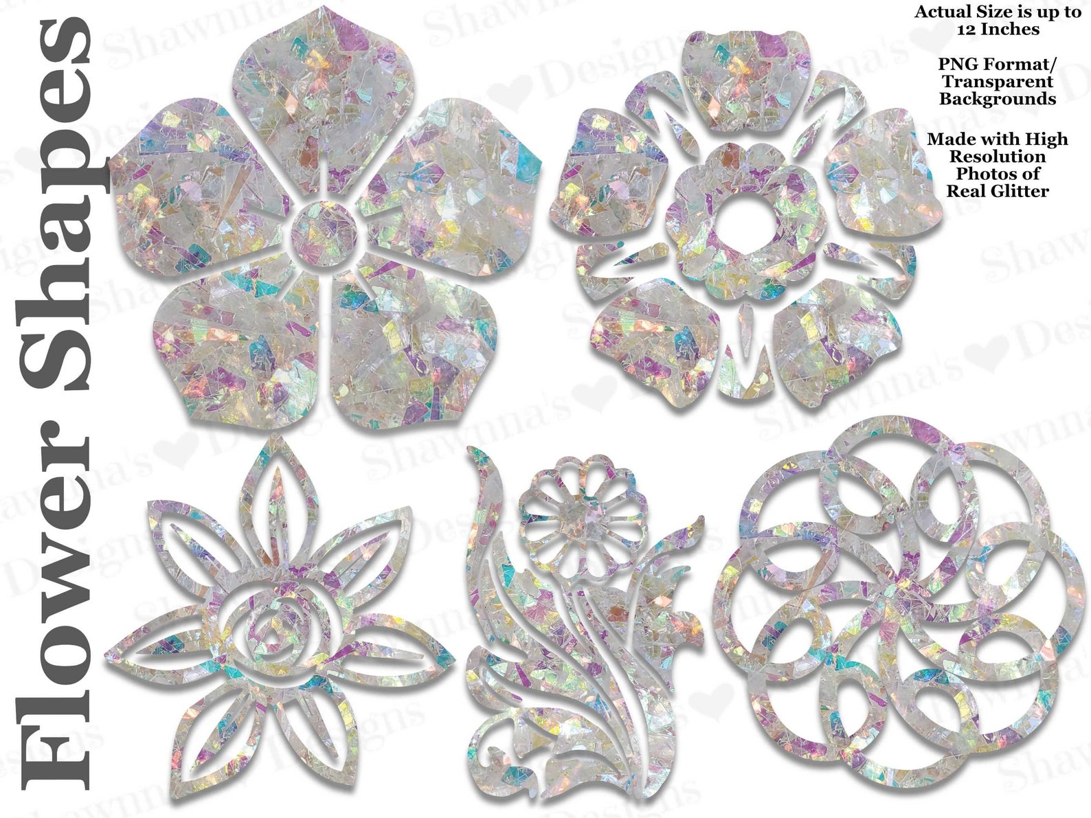 Rainbow Glitter Flower Shapes Clipart Overlays Design Elements Set - Etsy