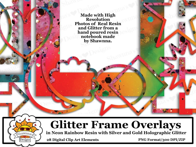 Neon Rainbow Glitter Resin Frame Overlays Design Elements Set - Etsy