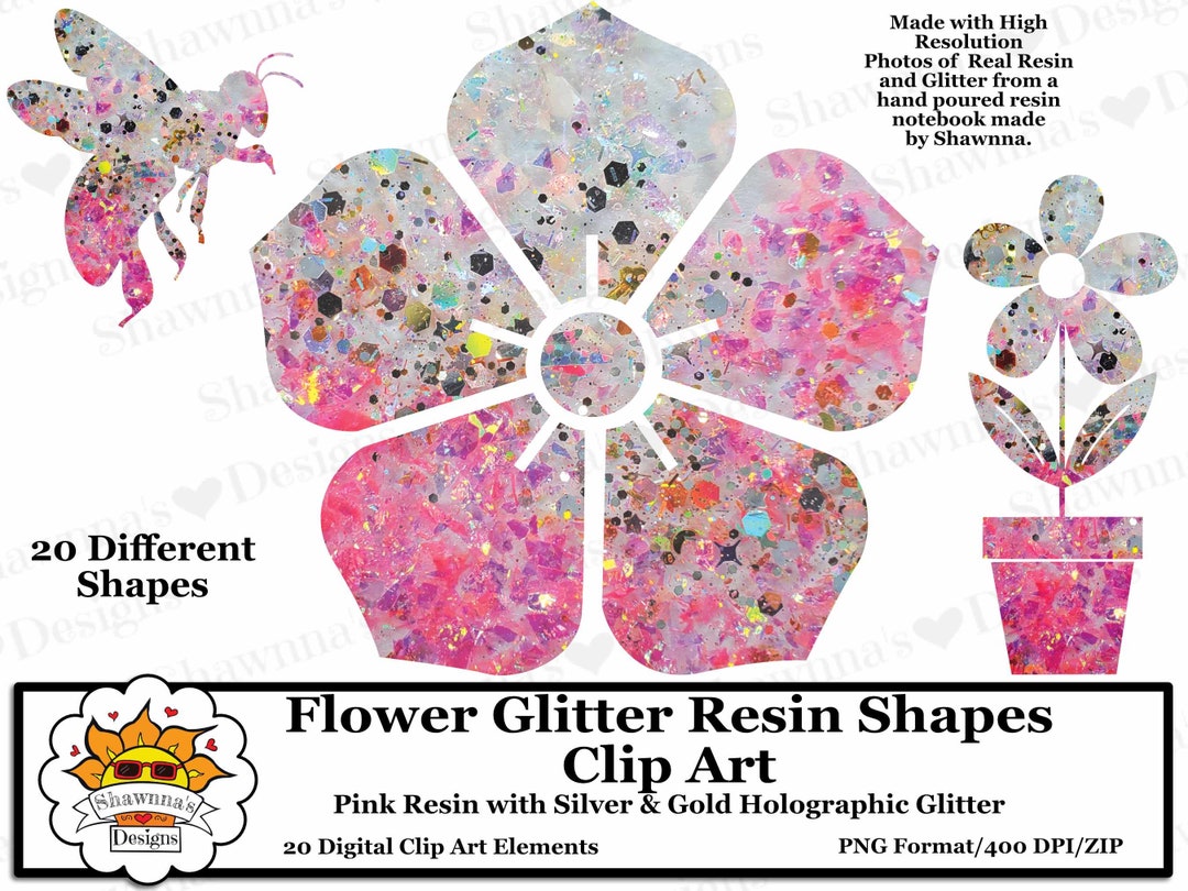 Pink and Gold Glitter Resin Flower Shapes Clipart Overlays Design ...