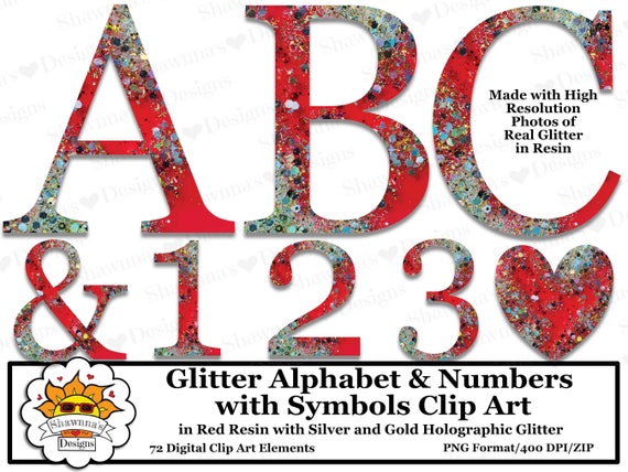 Red Resin Glitter Alphabet Numbers & Symbols Clipart | Etsy