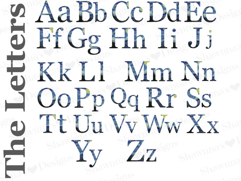 Van Gogh Starry Night Alphabet, Numbers & Symbols Clipart Overlays ...