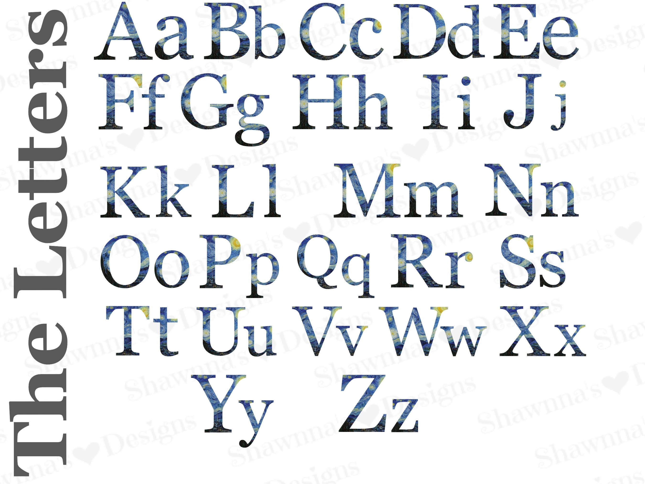 Van Gogh Starry Night Alphabet, Numbers & Symbols Clipart Overlays ...