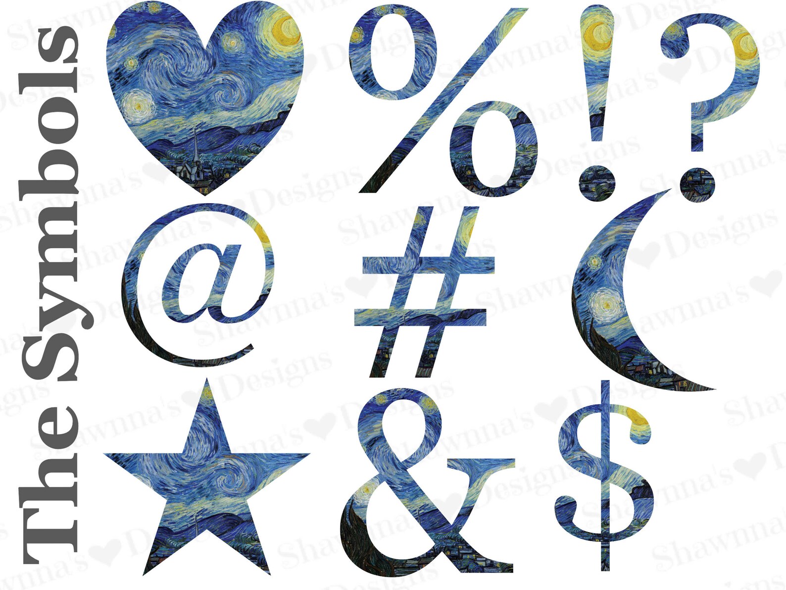 Van Gogh Starry Night Alphabet, Numbers & Symbols Clipart Overlays ...