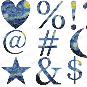 Van Gogh Starry Night Alphabet, Numbers & Symbols Clipart Overlays ...