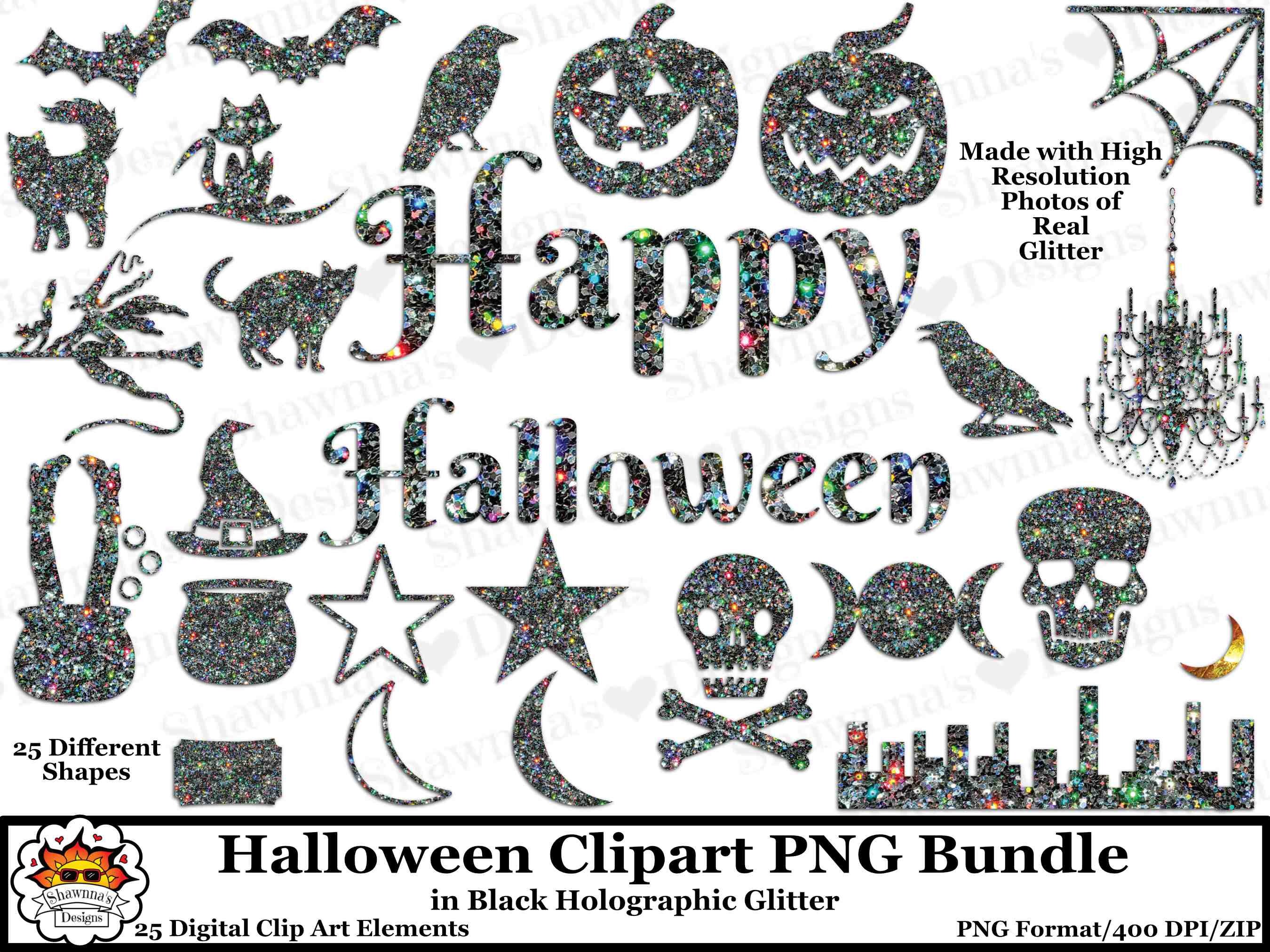 Halloween Clip Art Black Glitter PNG Bundle - Instant Download for ...