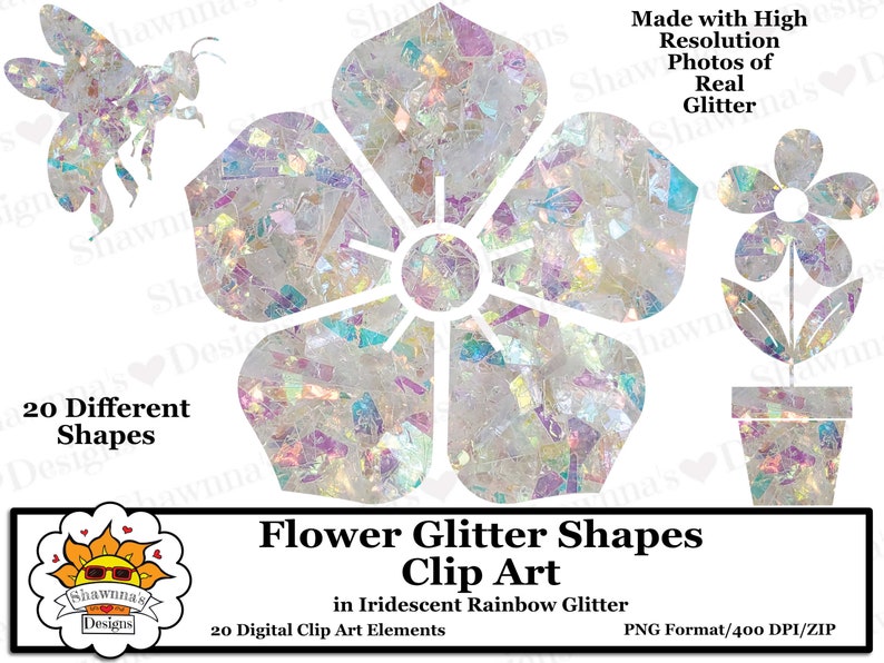 Rainbow Glitter Flower Shapes Clipart Overlays Design Elements Set - Etsy