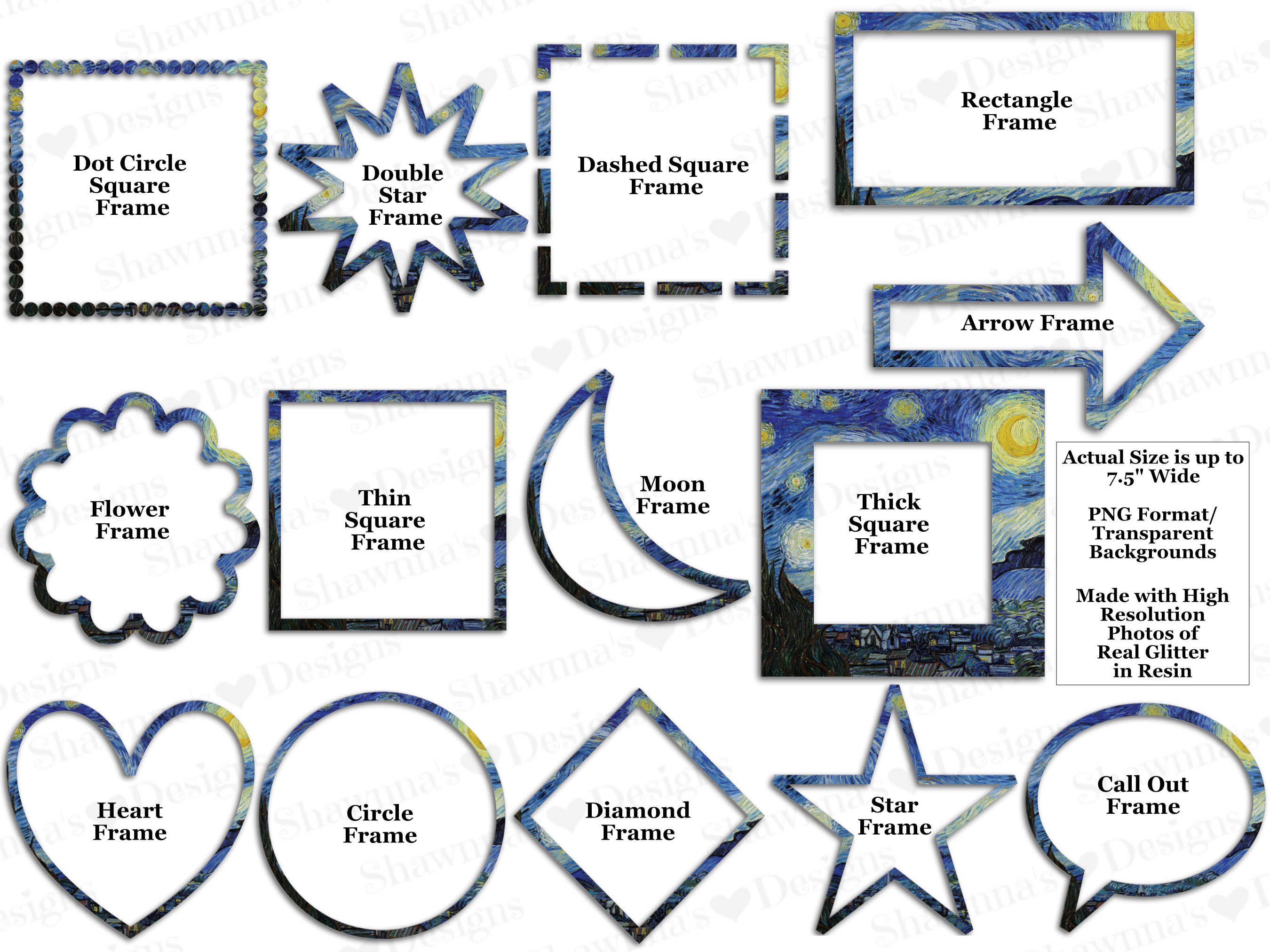 Van Gogh Starry Night Frames Clipart Overlays Design Elements Set - Etsy