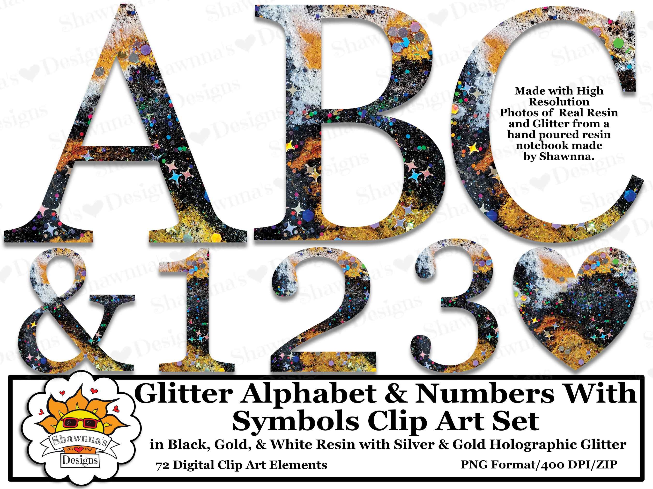 Black and Gold Glitter Resin Alphabet, Numbers & Symbols Clipart Design ...