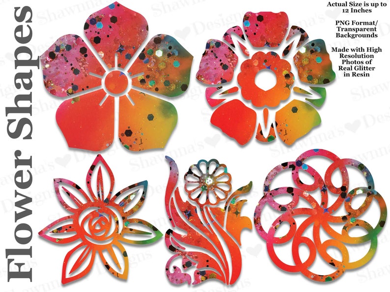 Neon Rainbow Glitter Resin Flower Shapes Clipart Overlays Design ...