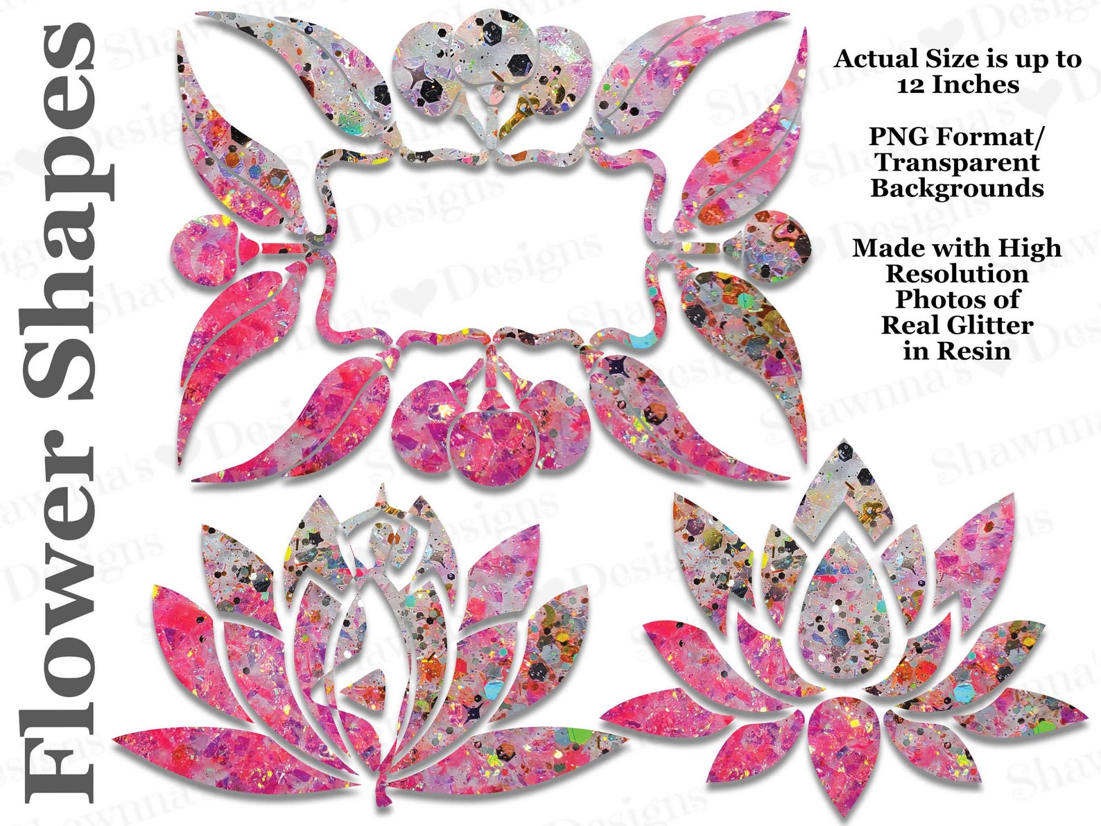 Pink and Gold Glitter Resin Flower Shapes Clipart Overlays Design ...