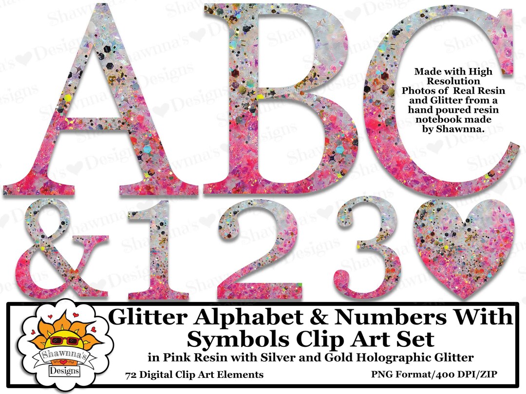 Pink and Gold Glitter Resin Alphabet, Numbers, & Symbols Clipart ...