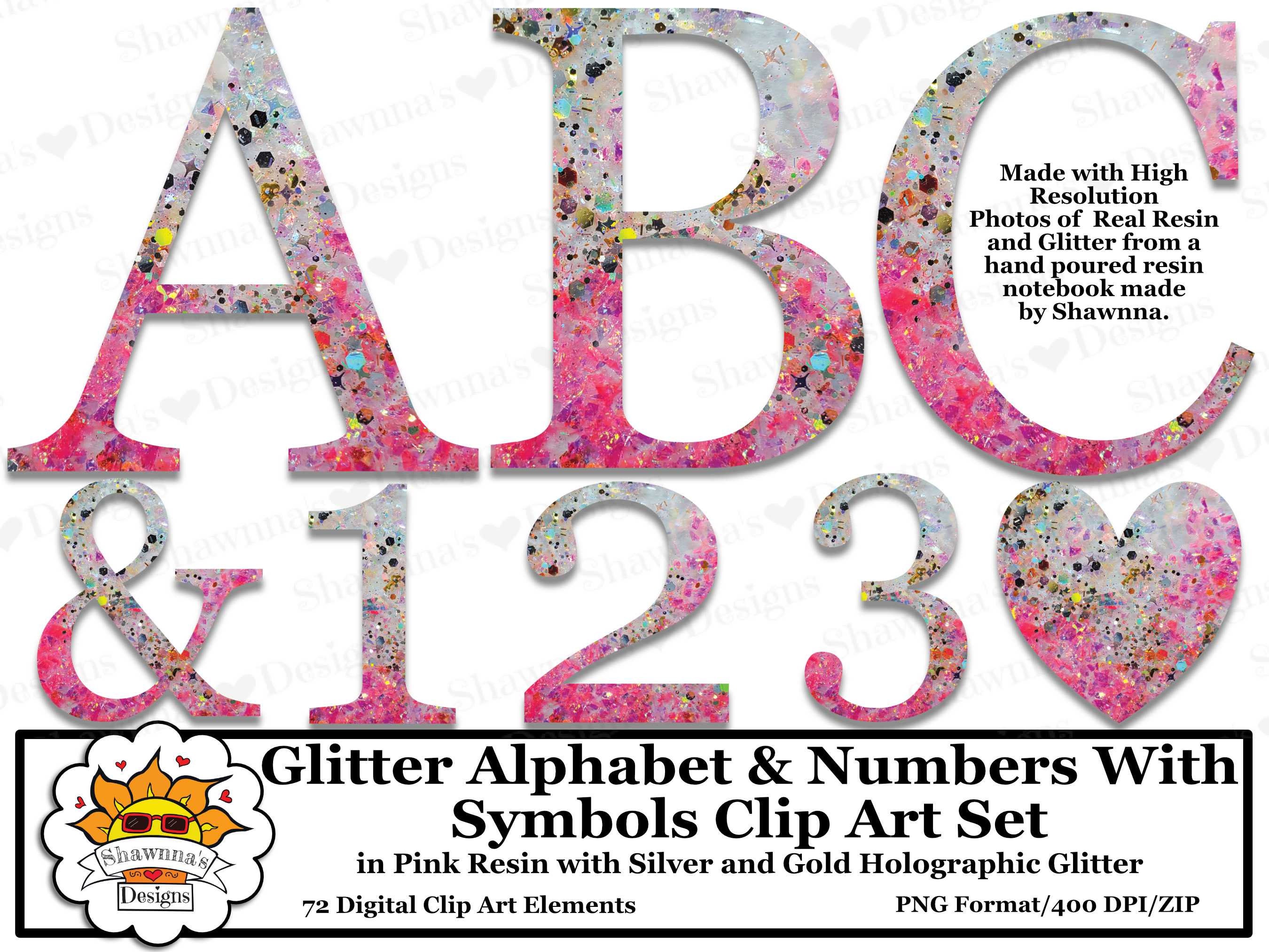 Pink and Gold Glitter Resin Alphabet, Numbers, & Symbols Clipart ...