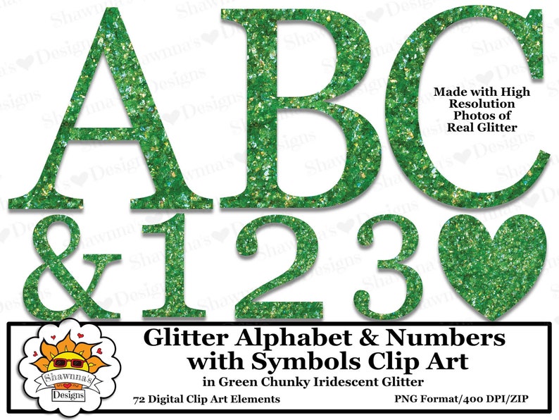 Green Chunky Iridescent Glitter Alphabet, Numbers & Symbols Clipart - Etsy