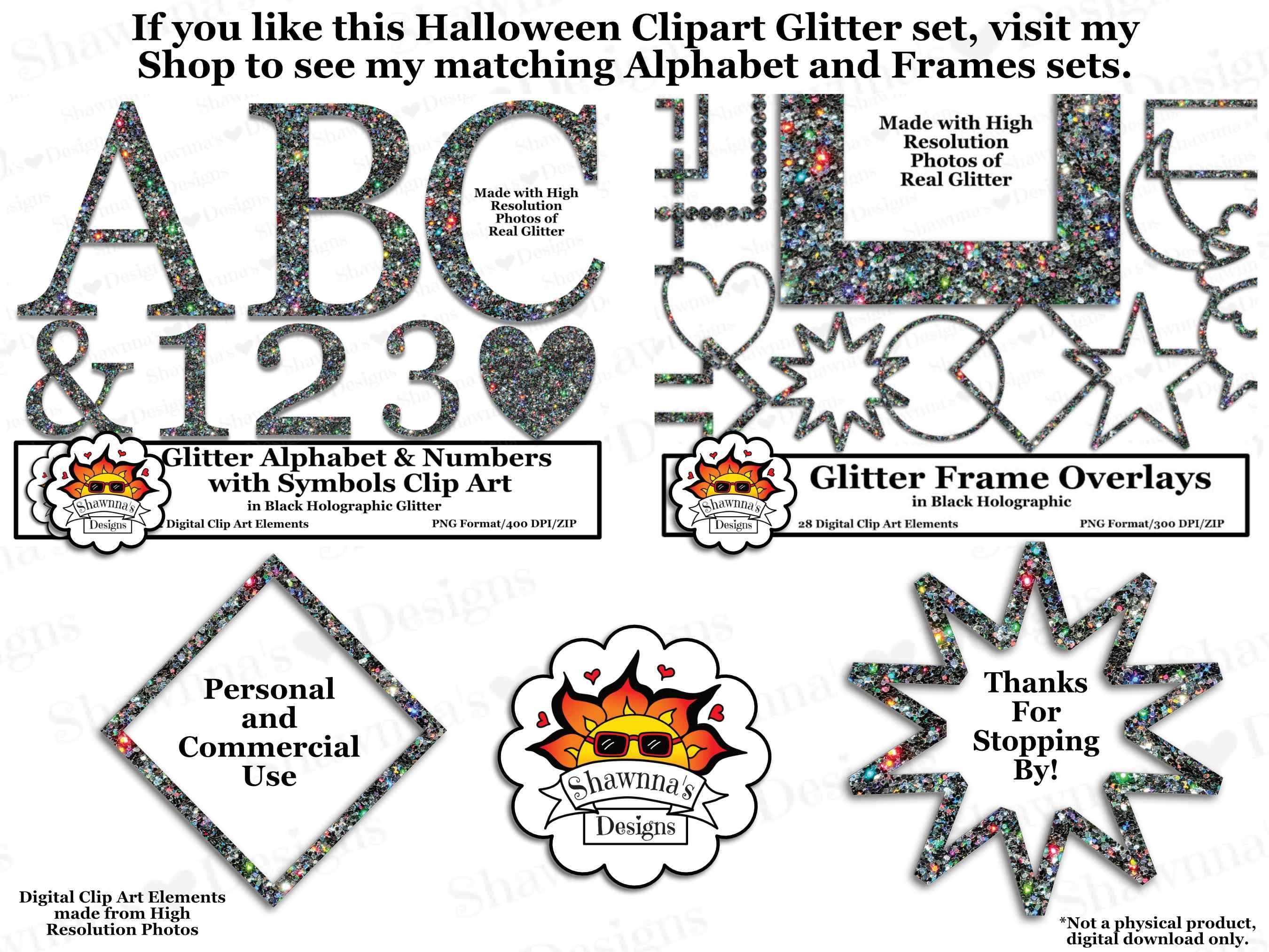 Halloween Clip Art Black Glitter PNG Bundle Instant Download for Spooky ...