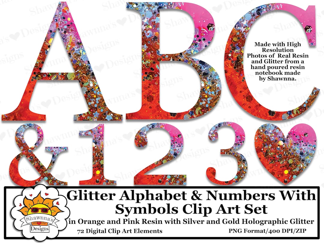 Orange and Pink Glitter Resin Alphabet, Numbers, & Symbols Clipart ...