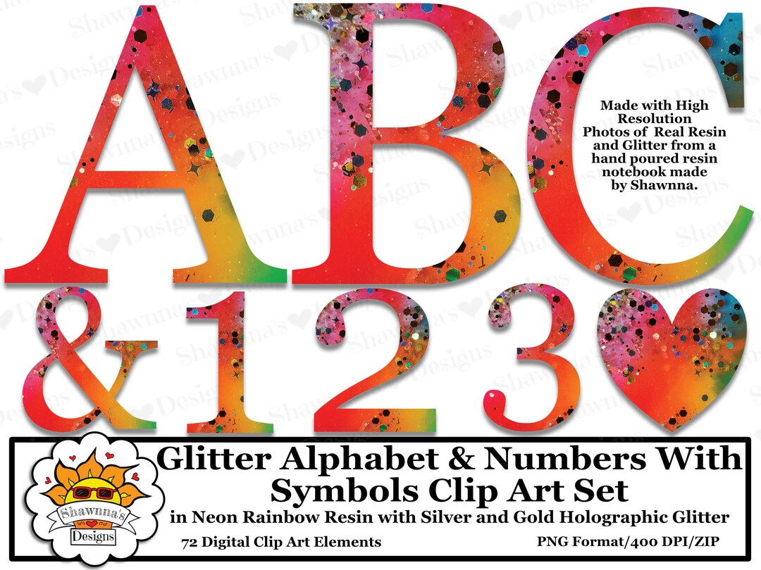 Neon Rainbow Glitter Resin Alphabet, Numbers & Symbols Clipart Overlays ...