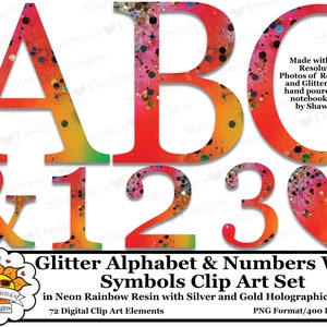 Neon Rainbow Glitter Resin Alphabet, Numbers & Symbols Clipart Overlays ...