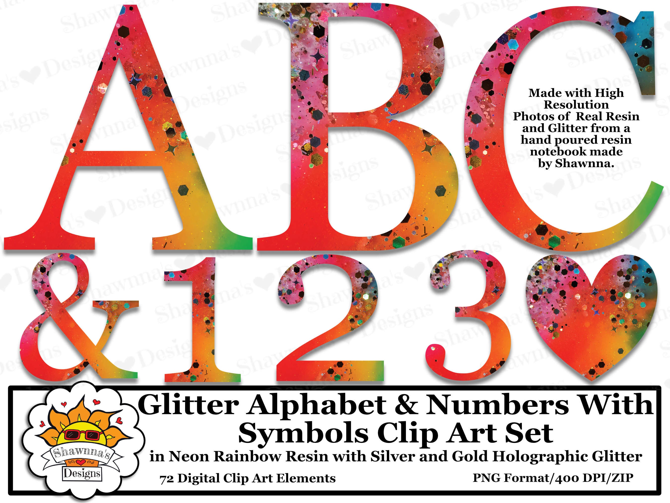 Neon Rainbow Glitter Resin Alphabet, Numbers & Symbols Clipart Overlays ...