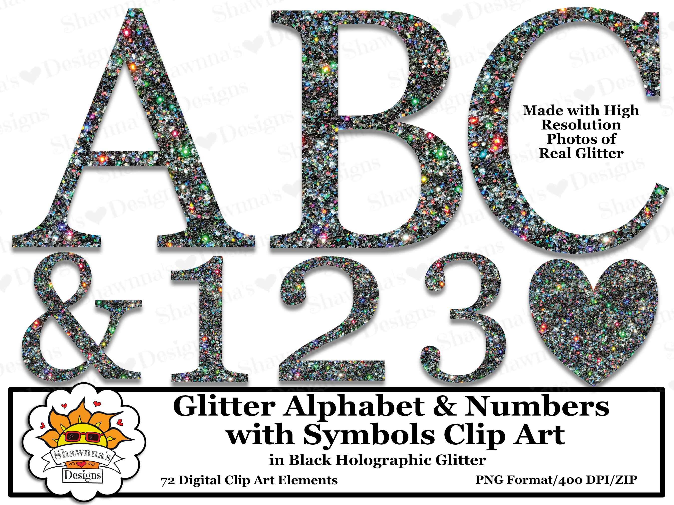 Black Holographic Glitter Alphabet, Numbers & Symbols Clipart - Etsy