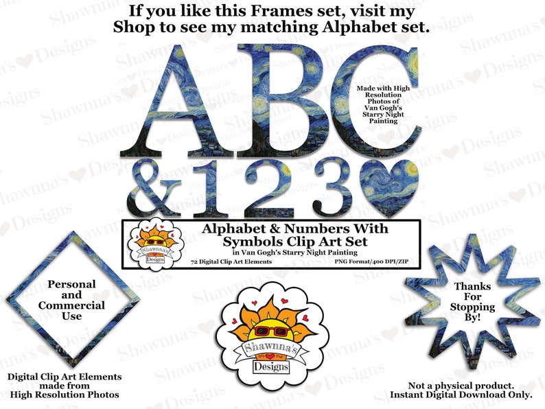 Van Gogh Starry Night Frames Clipart Overlays Design Elements Set - Etsy