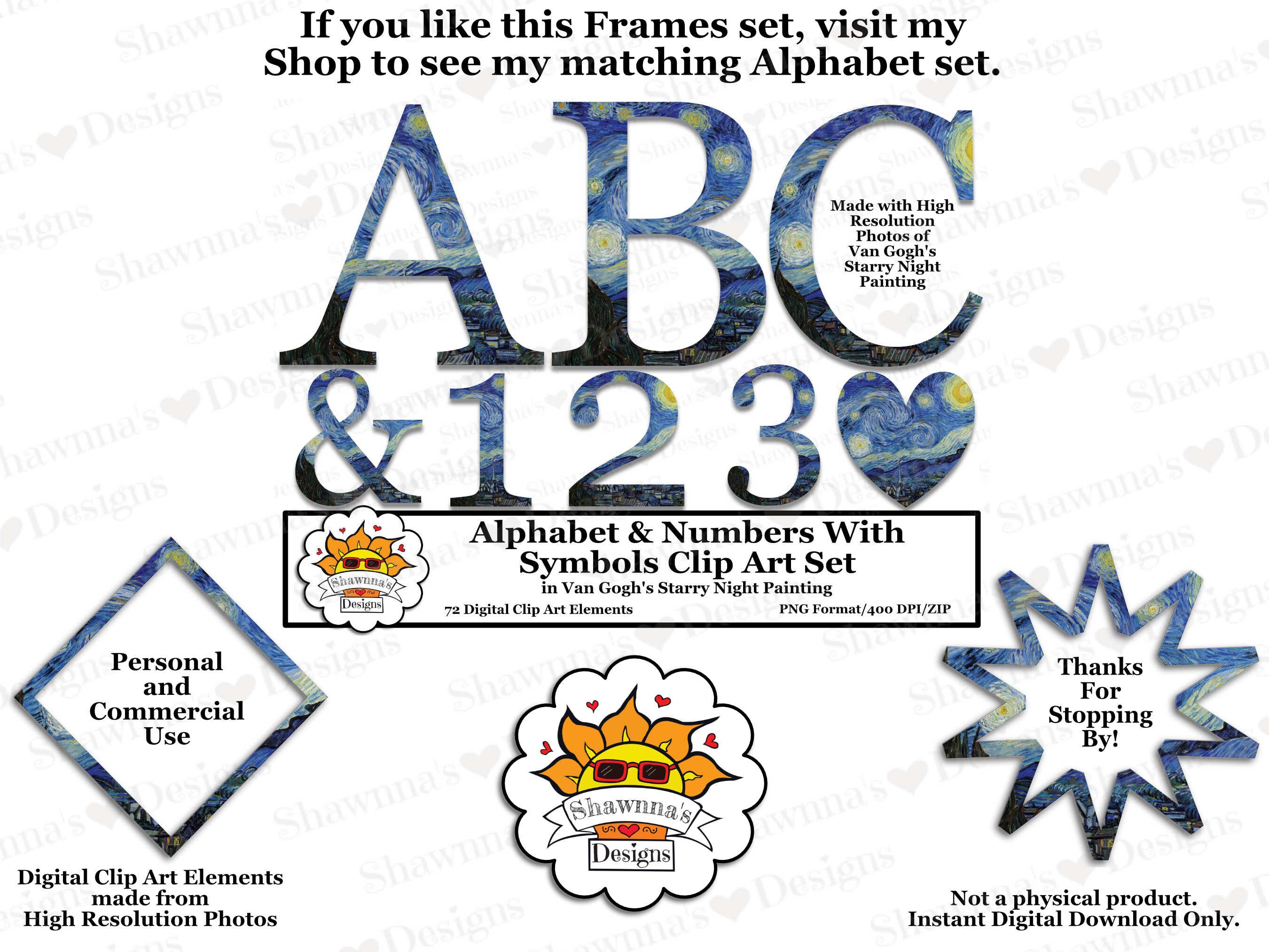 Van Gogh Starry Night Frames Clipart Overlays Design Elements Set - Etsy
