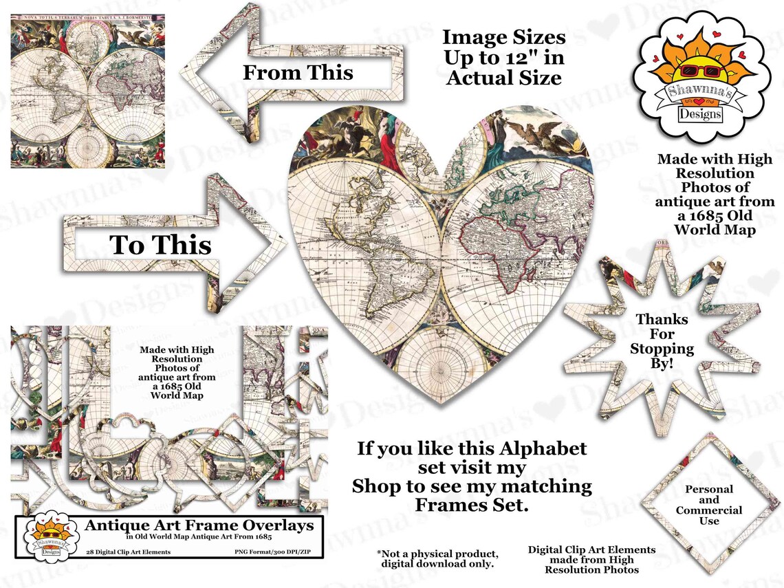 Old World Map From 1685 Alphabet, Numbers & Symbols Clipart Overlays ...