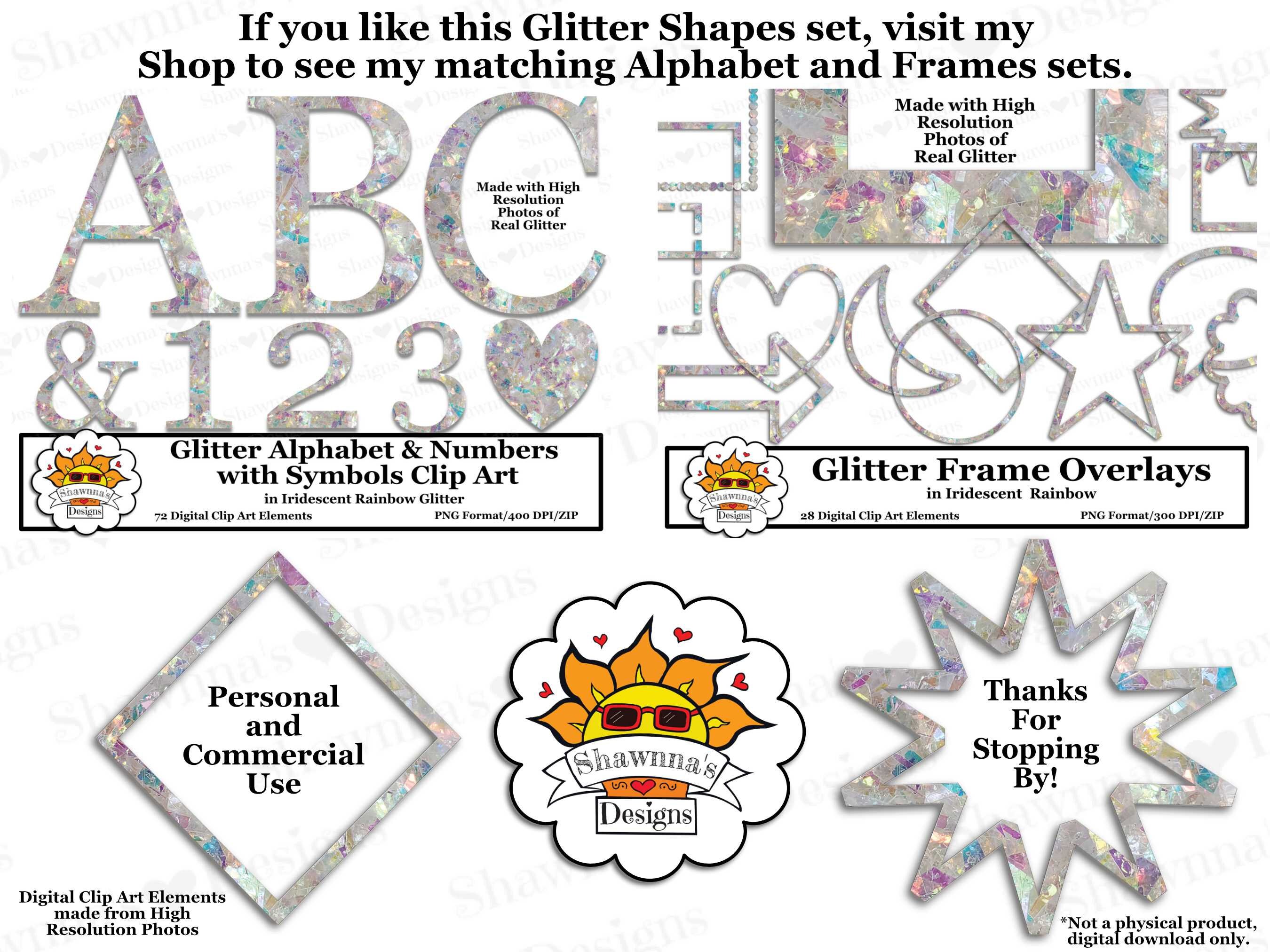 Rainbow Glitter Flower Shapes Clipart Overlays Design Elements Set - Etsy