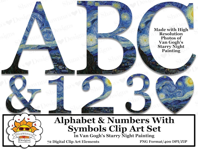 Van Gogh Starry Night Alphabet, Numbers & Symbols Clipart Overlays ...